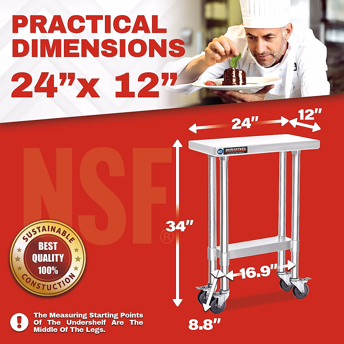 DuraSteel 24x12 Prep Stainless Steel Table - Metal Cart with Adjustable Shelf - NSF Certified Worktable with Wheels - Kitchen, Laundry, Restaurant, Home, Commercial Use
