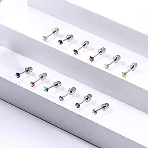JeryWe 12 Pairs Screw Back Earrings for Women Stainless Steel Multicolored Cubic Zirconia Earrings 3mm /4mm/5mm Stud Earrings with Safety Backs Hypoallergenic Earrings