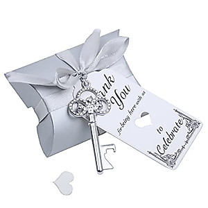 Aokbean 50pcs Skeleton Key Bottle Openers Wedding Party Favors Souvenir Gift Set for Guests Pillow Candy Box Escort Thank You Tag French Ribbon (Silver)