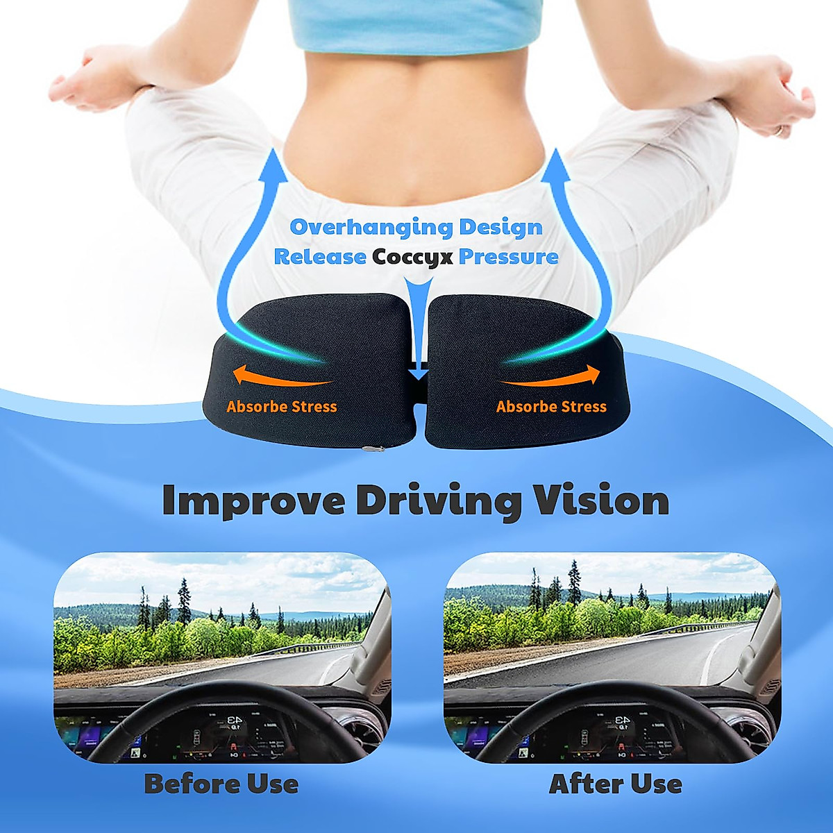 TOYALI Upgrades X Large Gel Enhanced Memory Foam Car Seat Cushion - Orthopedic Coccyx,Tailbone,Sciatica & Back Pain Relief - Office Chairs,Car Seat,Wheelchair Cushion (Black)