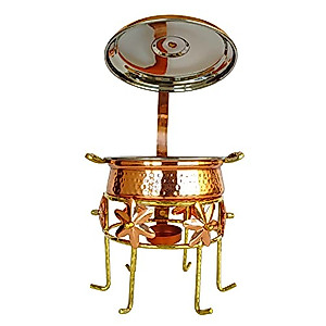 Indian Art Villa Steel Copper Chafing Dish Set of 1 Handi With Lid & 1 Brass Stand, Serveware Item for Dinner Party & Functions, Volume-44 Oz