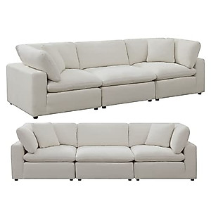 ASY Cloud Down Modular Sectional Sofa 121' L-Shaped Reversible Chaise Couch Feather - Low to Ground Modern Deep & Plush Seats (4-Piece (Corner Chair (2) + Armless (1) Ottoman (1), Natural), (CLD9)