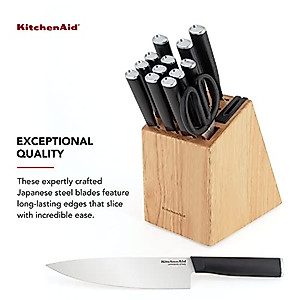 KitchenAid Classic 15 Piece Knife Block Set with Built in Knife Sharpener, High Carbon Japanese Stainless Steel Kitchen Knives, Sharp Kitchen Knife Set with Block, Rubberwood