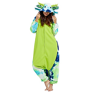 DELEY Unisex Tie Dye Green Axolotl Onesie Adult Halloween Pajamas Cosplay Animal Costume Plush Homewear Sleepwear Jumpsuit