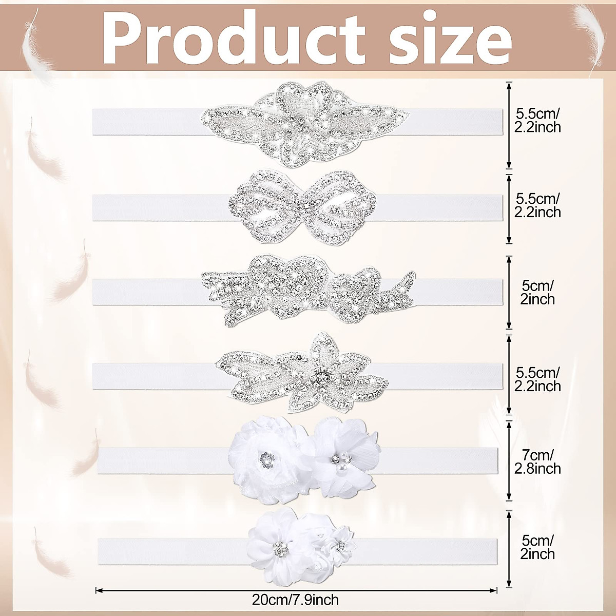 Juinte 6 Pcs White Baptism Headband for Baby Girl Toddler Elastic Chiffon Flower Crystal Lace Headbands Christening White Baby Baptism Headband Gifts Birthday Baby Shower Party(Elegant Style)