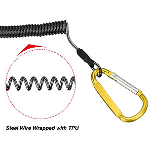 PATIKIL 3.3ft Fishing Tool Lanyard, 2 Pack Safety Cord Spiral Lanyard Tether Retractable with Yellow Metal Clip Keychain for Boating Kayak, Clear Black