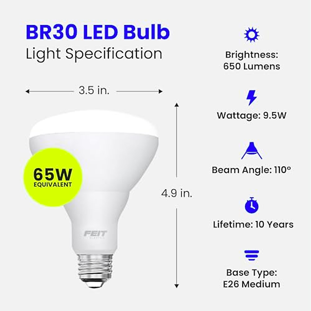Feit Electric BR30 LED Light Bulbs, 65W Equivalent, Non Dimmable, 10 Year Life, 650 Lumens, 5000K Daylight, E26 Base Recessed Can Light Bulbs, Flood Light Bulbs, Damp Rated, 3 Pack, BR30/850/10KLED/3