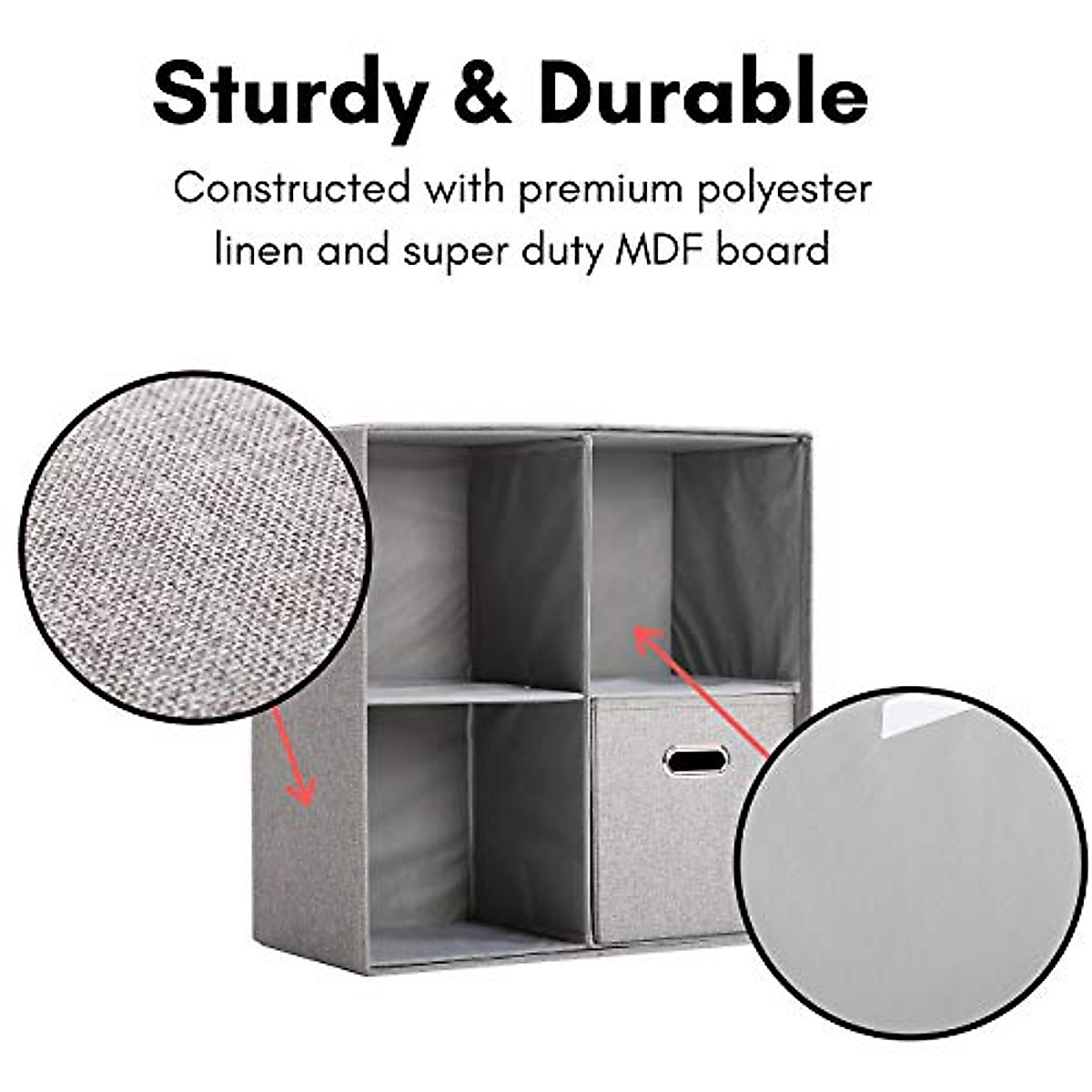 BIRDROCK HOME Grey Linen Cube Organizer with 4 Storage Bins – Collapsible Fabric Shelves and Cubes