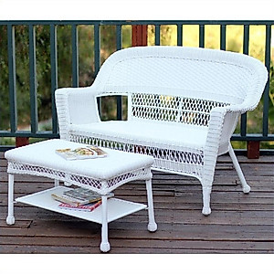 Jeco Wicker Patio Love Seat and Coffee Table Set without Cushion, White