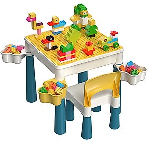 burgkidz Kids 5-in-1 Multi Activity Table Set - Building Block Table with Storage - Play Table Includes 1 Chair and 128 Pieces Compatible Large Bricks Building Blocks for Ages 2 and Up (Macaron)