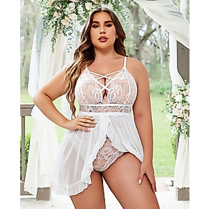 Avidlove Women Plus Size Lingerie Snap Crotch Babydoll Sexy Curvy Strappy Ruffle Lace Chemise(White,L)