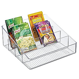 mDesign Large Plastic Food Packet Organizer Bin Caddy - 4 Divided Sections - Storage Station for Kitchen, Pantry, Cabinet, Countertop - Holder for Seasoning Pouches, Soups, Spices, Snacks - Clear