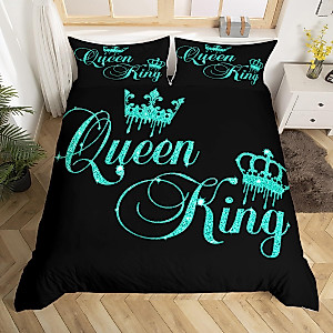 Feelyou Crown Queen and King Couple Duvet Cover Set His and Hers Bedding Set for Teens Women Men Black Teal King Size,Lover Romantic Valentine's Day Decorations Bedspread Cover (No Glitter)