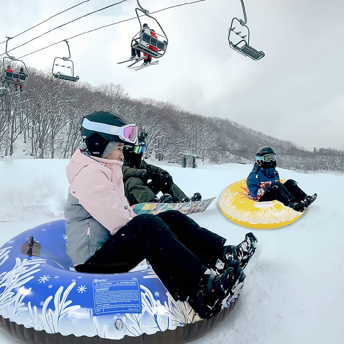 HIWENA Snow Tubes, Inflatable Snow Tubes for Family with 2 Higher Handles, Heavy Duty Snow Sled for Adults, and Snow Toy for Kids, 48 and 37 Inch Snowflake Snow Tubes (2 Pack)