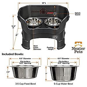Neater Feeder Deluxe with Leg Extensions for Medium Dogs - Mess Proof Pet Feeder with Stainless Steel Food & Water Bowls - Drip Proof, Non-Tip, and Non-Slip - Midnight Black