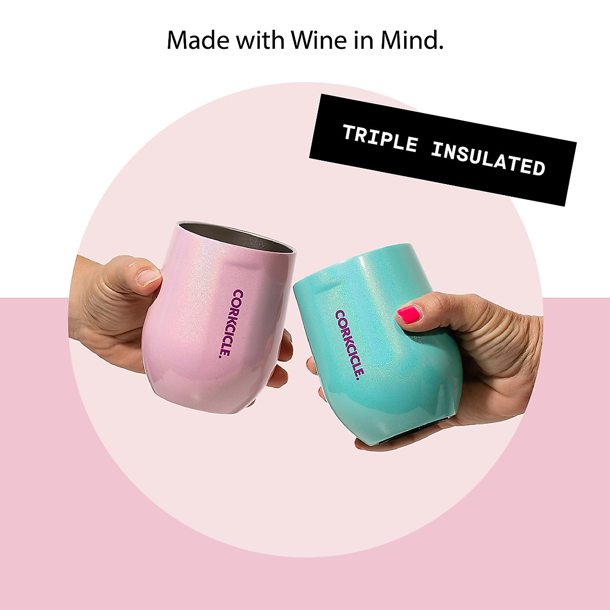 Corkcicle Stemless Insulated Wine Glass Tumbler, Cotton Candy, 12 oz – Stainless Steel Stemless Wine Glass Keeps Beverages Cold for 6 Hours, Hot for 3 Hours – Non-Slip, Easy-Grip Insulated Cup