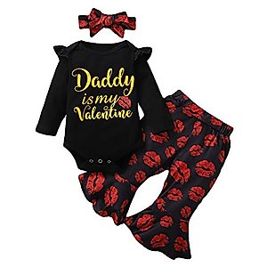 Aslaylme Baby Girls Valentine's Day Outfit Newborn Daddy's Little Valentine Bodysuit Kiss Flare Pants Outfit（Black,0-3 Months