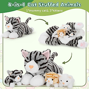 Muiteiur 4 Piece Cat Plush Set, Mom Cat Stuffed Animal with 3 Baby Stuffed Kittens in Zipper Pouch, Cute Stuffed Cat for Kids Girls Boys, Great Gift for Valentines Birthday (Grey,15.7inch)