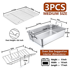 Roasting Pan with Rack Set of 3(Deep Broiling Pan & V-shaped Rack & Flat Cooling Rack), Herogo 14 Inch Stainless Steel Turkey Roaster Pan for Thanksgiving Christmas, Dishwasher Safe