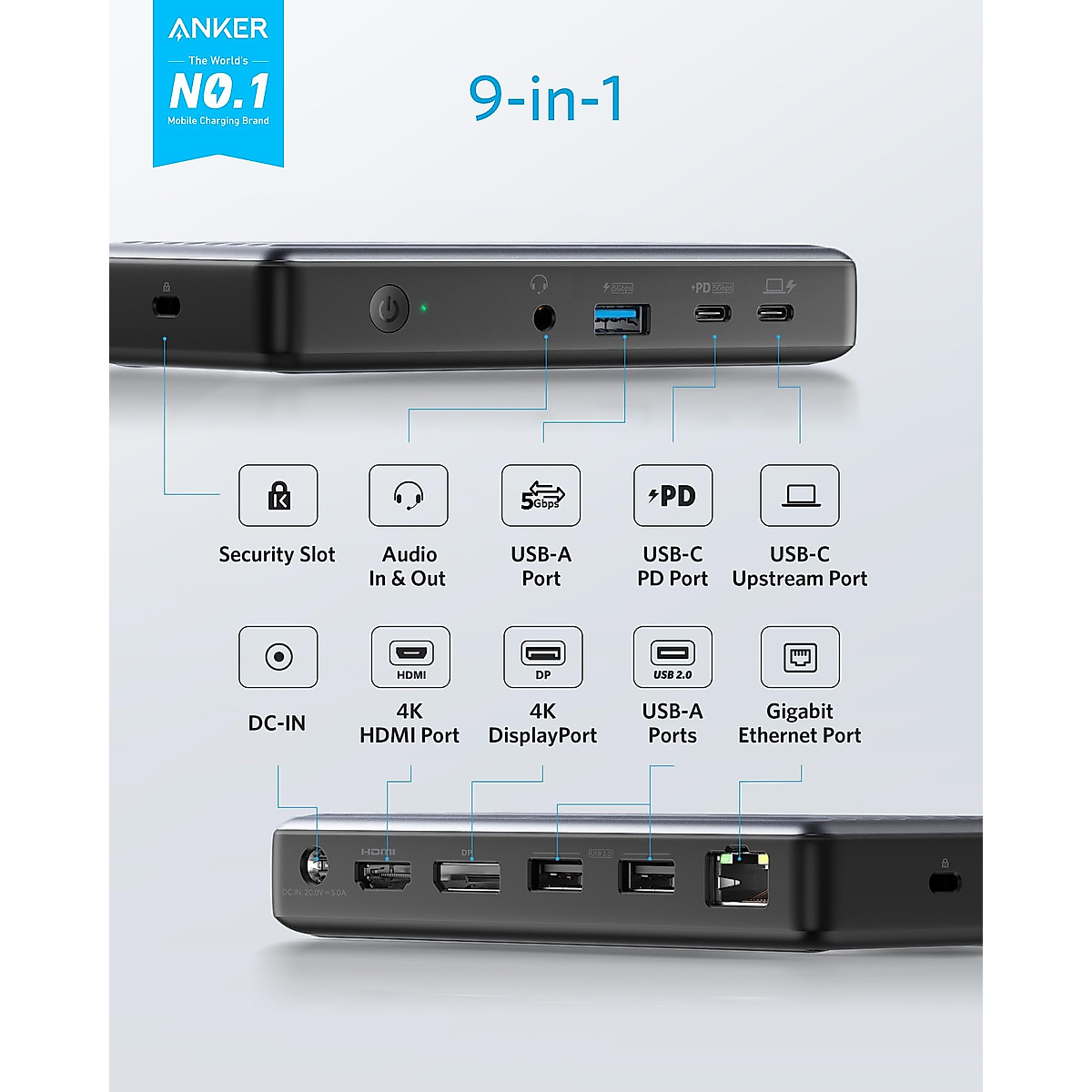 Anker USB C Docking Station, PowerExpand 9-in-1 PD Dock, 60W Charging for Laptop, 20W Power Delivery, 4K HDMI and DisplayPort, USB 3.0 and USB 2.0 Data, Gigabit Ethernet, 3.5 mm Audio