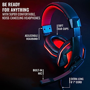 Ritz Gear Gaming Accessories Kit (Red) | 4-in-1 LED Backlight Bundle PC Combo with Multimedia Keyboard, Optical Mouse, Mouse Pad & Headset with Adapter | for Windows 7+ Desktop, Laptop, Xbox & PS4