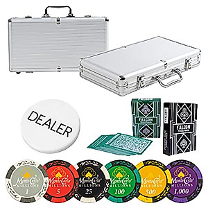 Casinokart Monte Carlo Millions Series 300/500 Pieces 14 GMS Clay Material Casino Quality Poker Chips Set with Denomination,2 Decks of Branded Playing Cards and Dealer Button (300 Pieces)