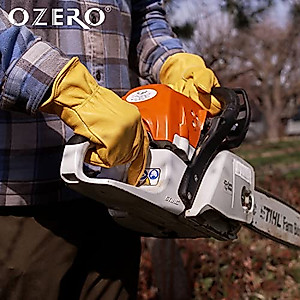 OZERO Leather Work Gloves Flex Grip Stretchable Tough Cowhide Work Gloves 1 Pair (Gold, Medium)