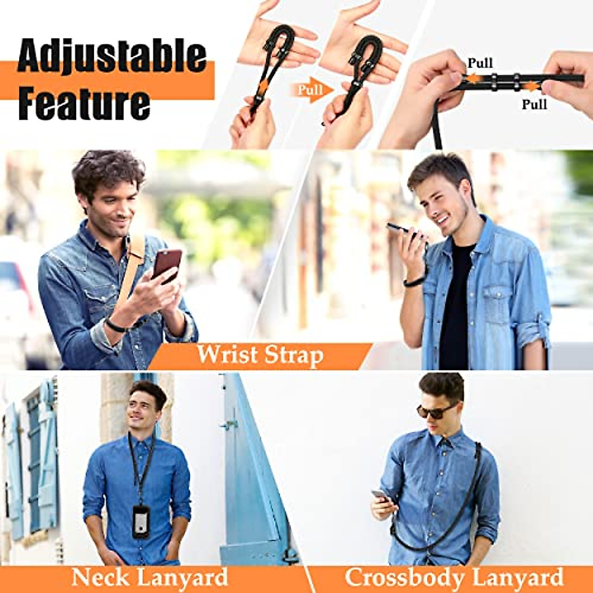 Universal Phone Lanyard with Wrist Strap, Adjustable Crossbody Cell Phone Lanyard Neck Strap and Wristlet Strap with 2 Lobster Clips, Phone Tether Patches and Phone Straps (Black, 2 Pack)