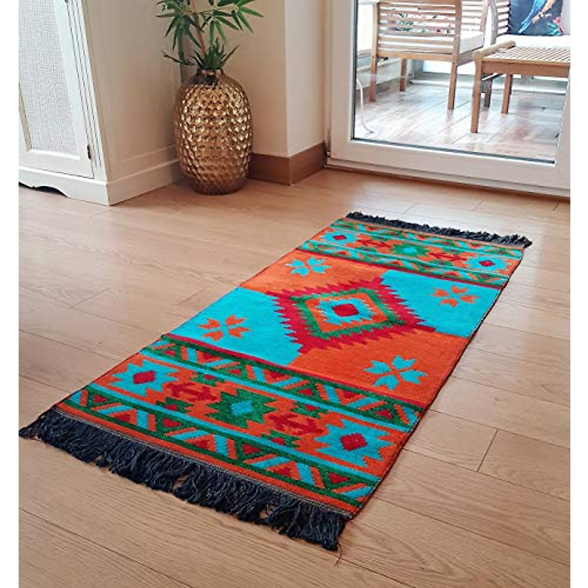 Secret Sea Collection, Mexican Area Rug, Washable Reversible Entrance Kitchen Bathroom Living Room Bedroom Dinning Room Country Farmhouse Authentic (2' x 4' ft, Red,Orange-Turquoise)