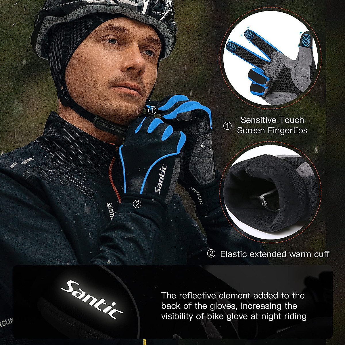 Santic Cycling Gloves Windproof Bike Bicycle Motorcycle Gloves with Gel Pads, Anti-Shock Breathable Mountain Bike Gloves for Men and Women