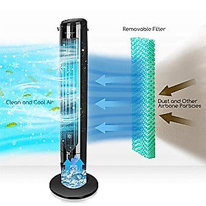 Aigostar Cooling Tower Fan with Remote Oscillating Quiet Bladeless Evaporative Air Cooler Humidifier for Room, Water Tank, LED Display, 1-9H Timer, 40", Black