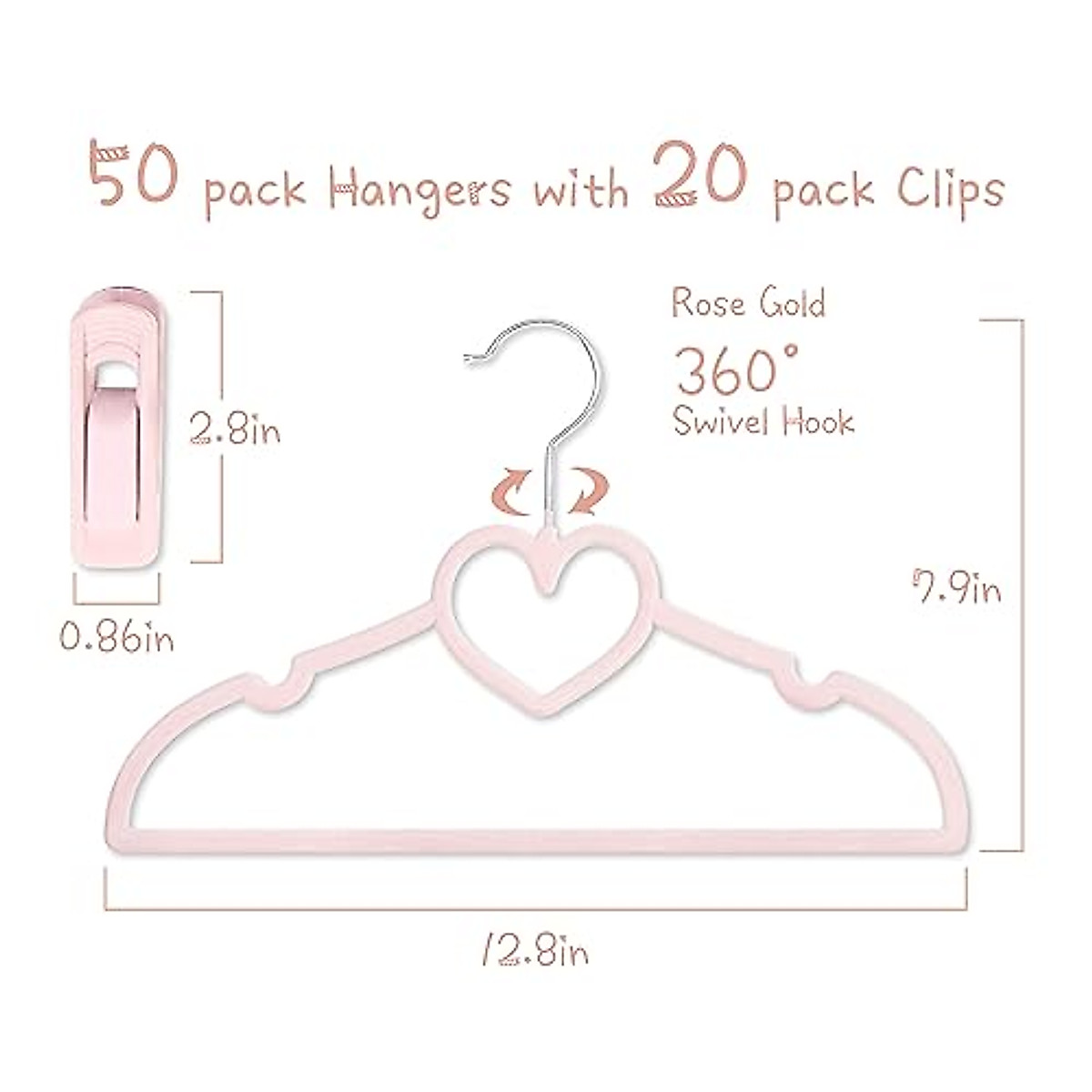 Kids Pink Velvet Clips Hangers - 13inch 50 Pack Toddler Hanger with 20pcs Movable Clips, Stackable Non-Slip Heart Flocked Hangers Fit for Baby and Children Clothes, Heavy-Duty and Space-Saving(Silver)