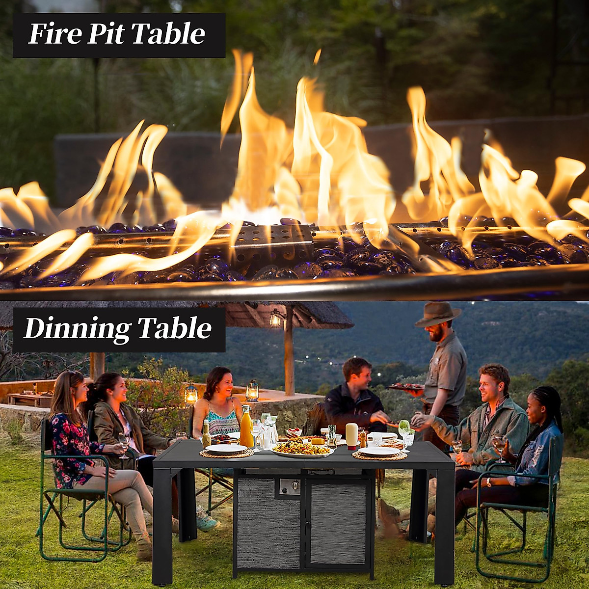 Pizzello Outdoor Fire Pit Dining Table 62.5" Aluminum Rectangular Propane Dining Patio Table with Firepit Dining Height Gas Fire Pit Table, Pizzello Comodo, Black