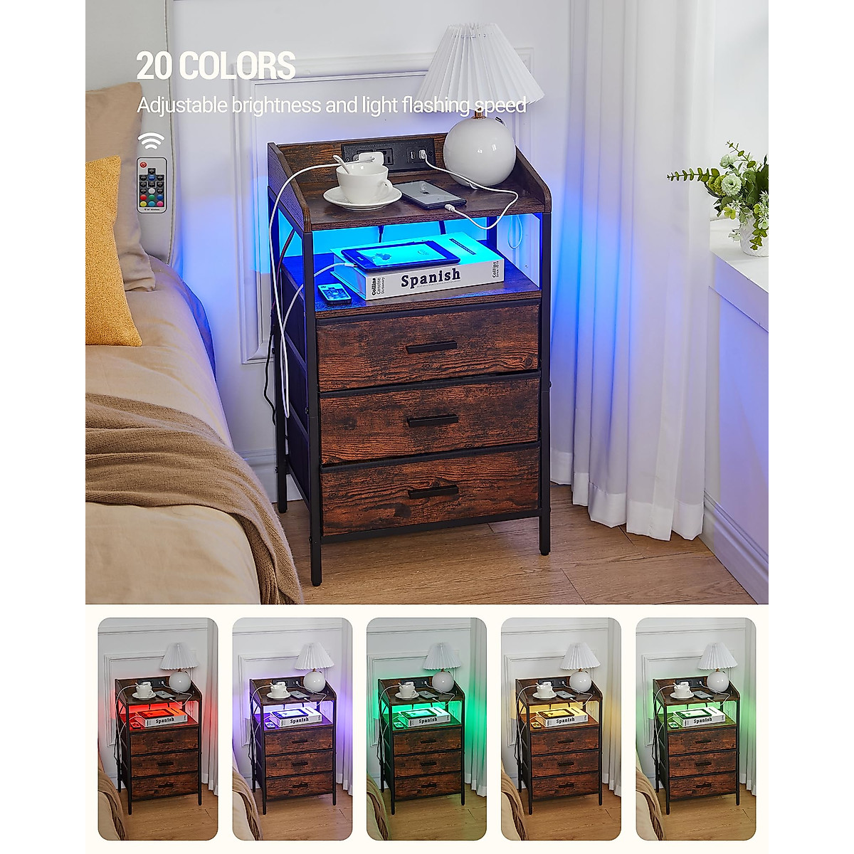 Hzuaneri Nightstands with LED Lights and Charging Station, End Table with 3 Fabric Storage Drawers and Shelves, Modern Side Table, Bedside Tables for Bedroom, Set of 2, Rustic Brown NS31101B