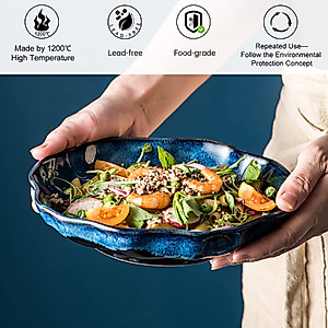 Ceramic Bowls Set for Pasta, Salad, Cereal, Dessert - 8 Inch Wide and Shallow Soup Plates, Serving Dishes Set of 4 Microwave, Dishwasher Safe, Blue