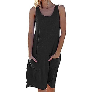 DUOWEI Teen Dresses Trendy Crew Neck Solid Colour Sleeveless Knit Casual Vest Dress Pocket Dress Causal Dresses for Women Black