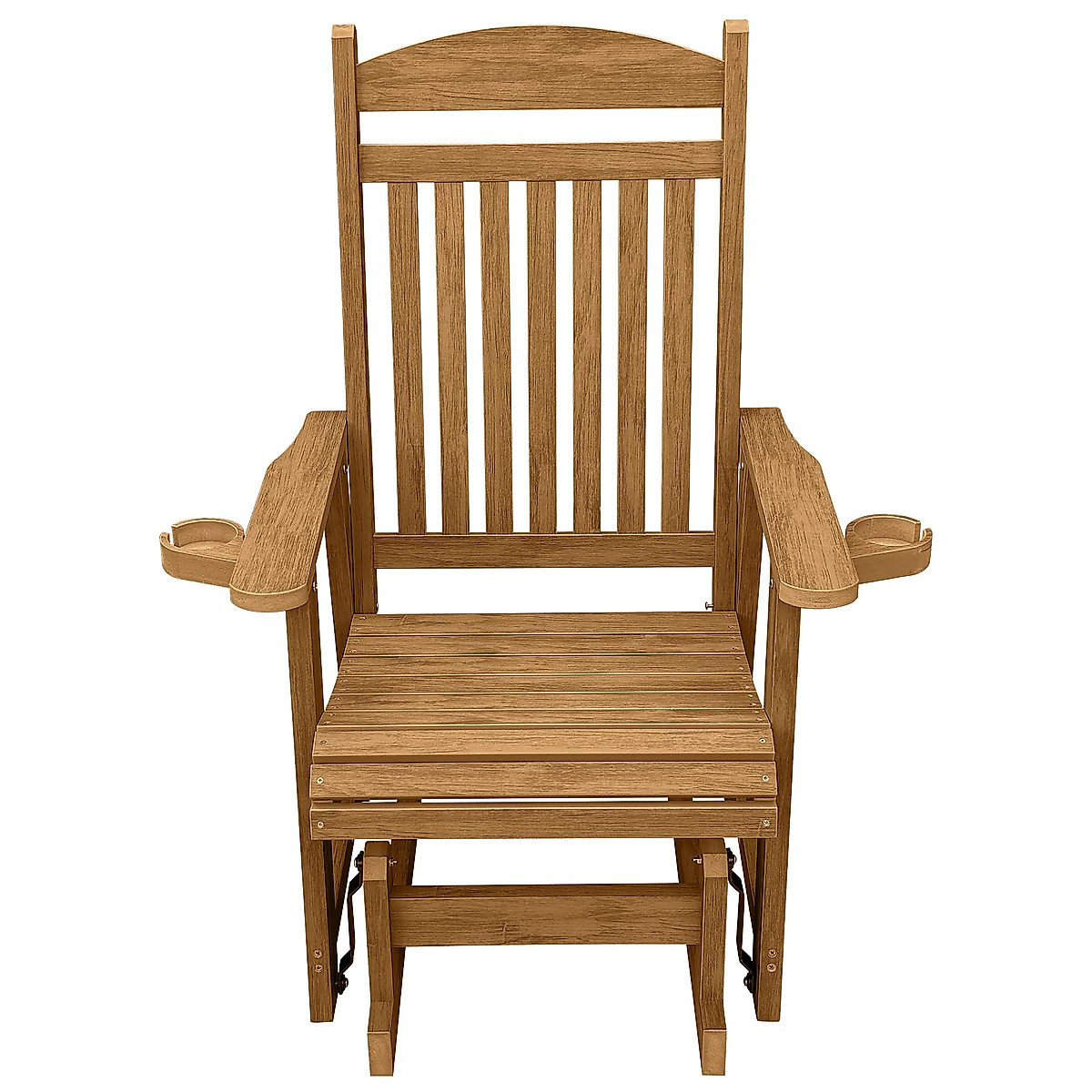 Poly Lumber Patio Glider for One Person, Ergonomic Deep Seat and High Backrest, with Removable Cup Holders, Wood-Like Pattern, Heavy Duty 700 LBS, for Outdoor Patio Garden Yard (Brown)