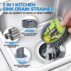 Upgraded 3in1 Kitchen Sink Drain Strainer & Sink Stopper, Stainless Steel Kitchen Drain Plug & Cover with Anti-Clogging Basket Strainer, Fit US Standard 3-1/2'' Sink Drain Hole, Silver