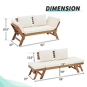 Verano Garden Outdoor Convertible Sofa Daybed, FSC Acacia Wood Patio Couch with Thick Cushion & Pillows for Porch, Backyard, Balcony, Apartment, Sunroom, Cream White