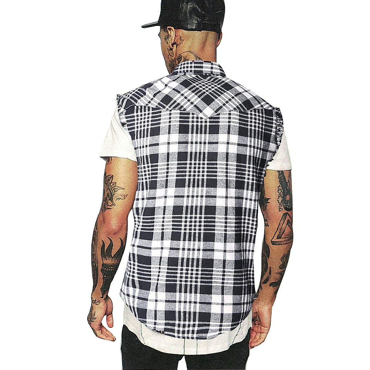 NUTEXROL Men's Casual Flannel Plaid Shirt Sleeveless Cotton Plus Size Vest X-Large Black and white