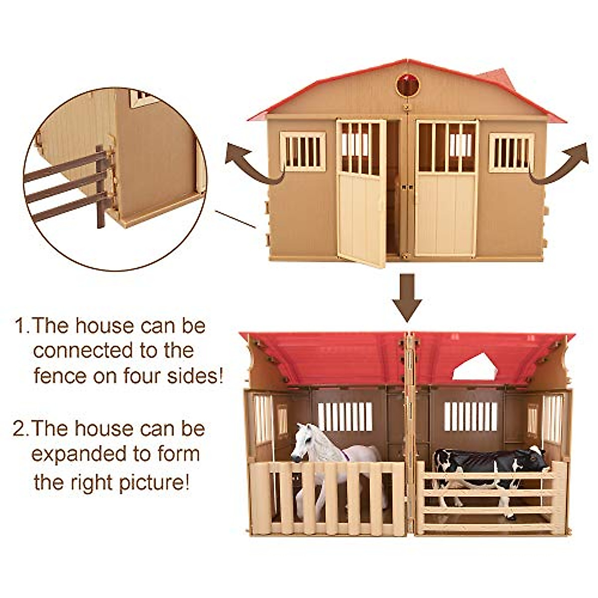 Toymany 40PCS Barn House Toys Farm Animals Figures with Fence Farm Playset, Plastic Farm Figurines Farmhouse Toys, Farmers Horse Cow Hen & Fodders, Christmas Birthday Gift for Kids Toddlers