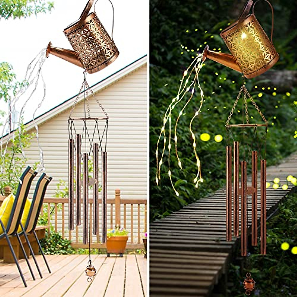 Brynnl Wind Chimes Outdoor, Solar Watering Can Wind Chimes with LED String Lights, Waterproof Garden Chimes with 5 Metal Tubes Pleasant Melody, Retro Hanging Decor Windchime for Garden Patio Yard