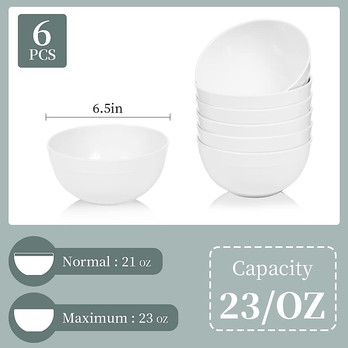 Lechoo Melamine Cereal Bowls - 23oz White Dinnerware Soup Bowls, Set of 6,Unbreakable 6PCS Salad Bowls,Dishwasher Safe,White