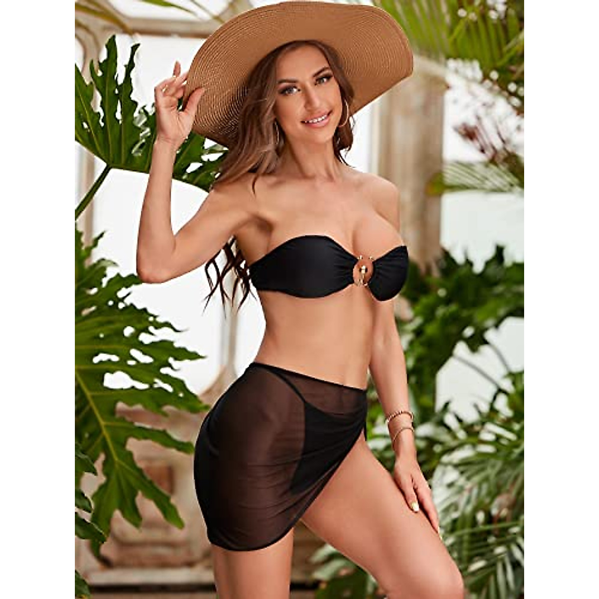 WDIRARA Women's 3 Pieces Snakeskin Print Color Block Halter Bikini Swimsuit with Beach Skirt Plain Black XL