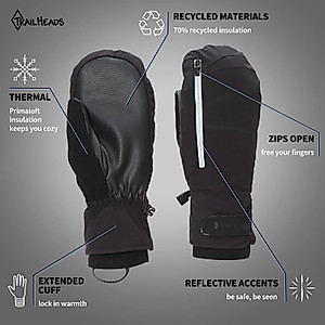 TrailHeads Women’s Convertible Zip Mitts | winter running mittens | thermal mittens for cold weather | women’s mittens for outdoor sports - black (small/medium)