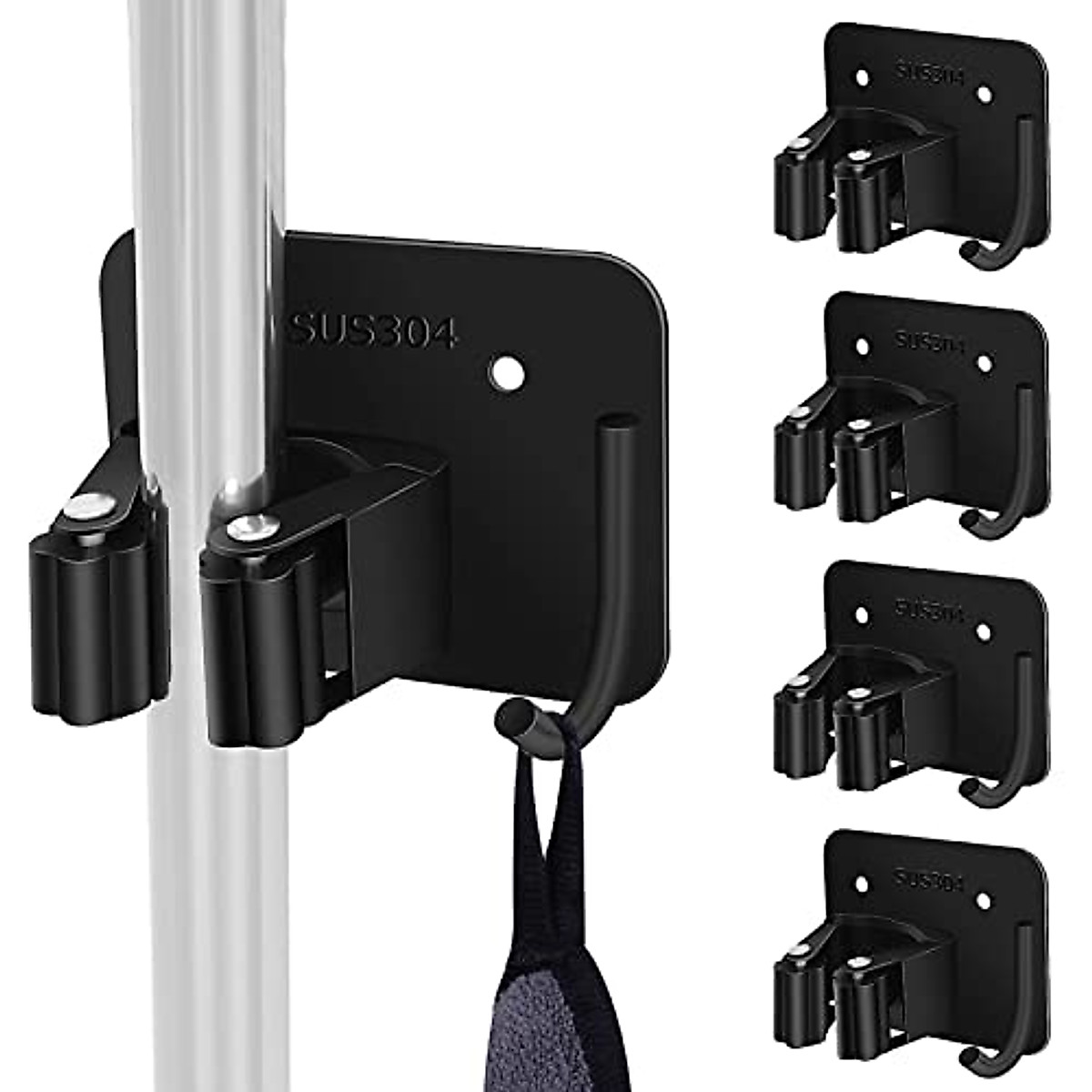 Broom Holder Wall Mount, Screw Drilling & No Drill Sturdy Heavy Duty Stainless Steel Wall Mounted, Broom Organizer Wall Mount with Hooks Hanger, Wall Holder for Bathroom, Garage, Kitchen, Garden