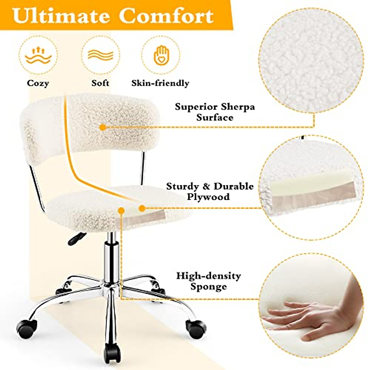 Giantex Home Office Chair, Faux Fur Low Back Swivel Leisure Chair w/Height Adjustable Padded Seat, Rolling Armless Vanity Chair w/Galvanized Steel Frame for Bedroom Study Guest Room, White