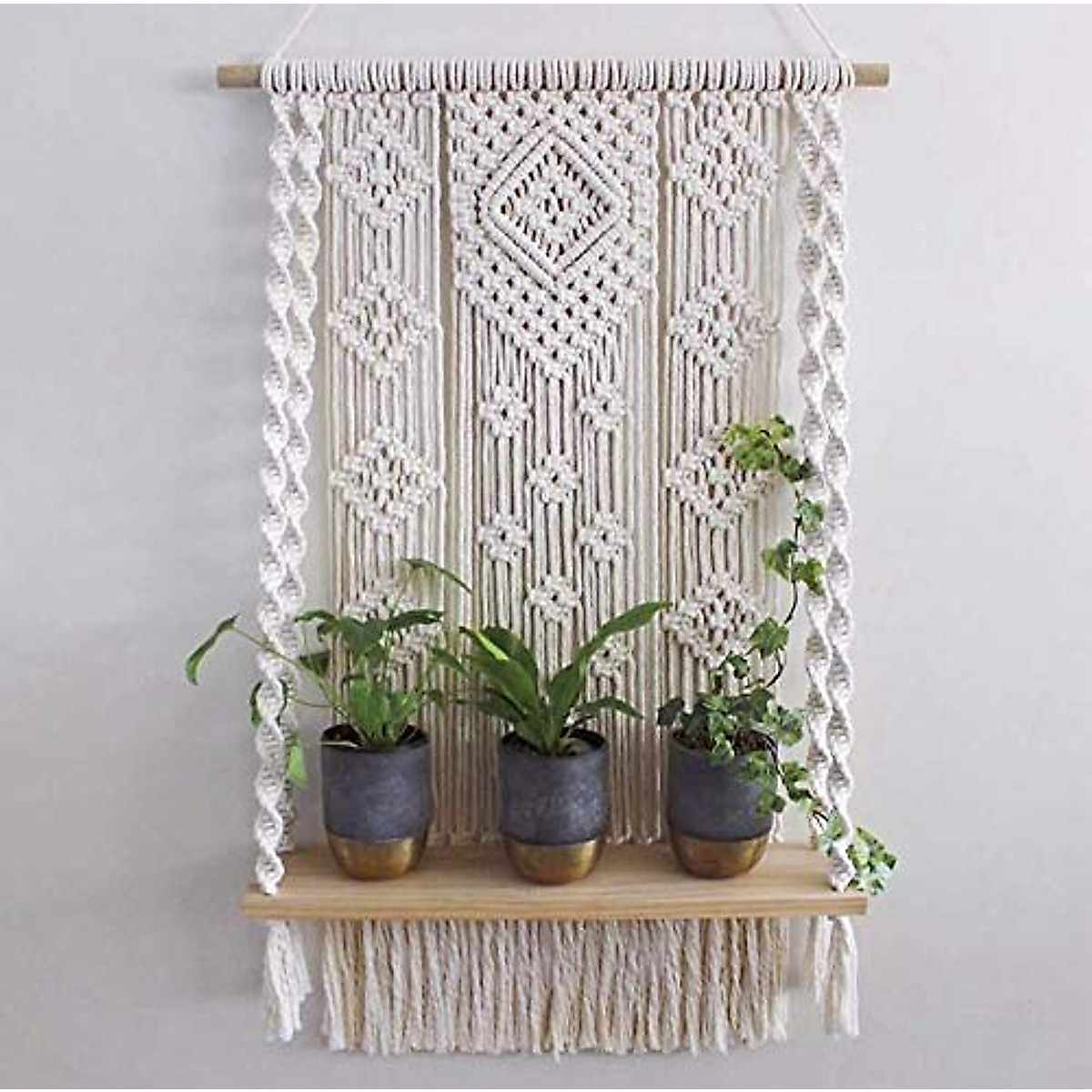 YuanKanJu Macrame Wall Hanging Shelf Bohemian Wall Decor Macrame Shelf Handmade Cotton Wood Hanging Shelf Organizer Hanger Bohemian Wall Decor Bohoboho Shelves (#4)