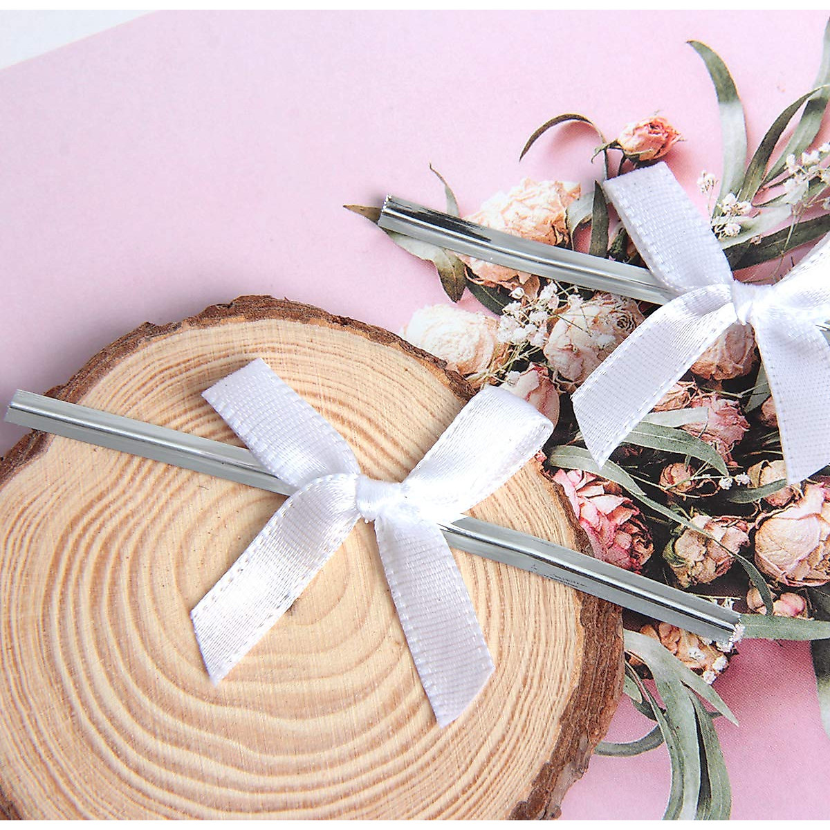 HAPY SHOP 100 PCS Cute Satin Ribbon Twist Tie Bows,3 Inches for Bakery Candy Lollipop Cello Bag,White