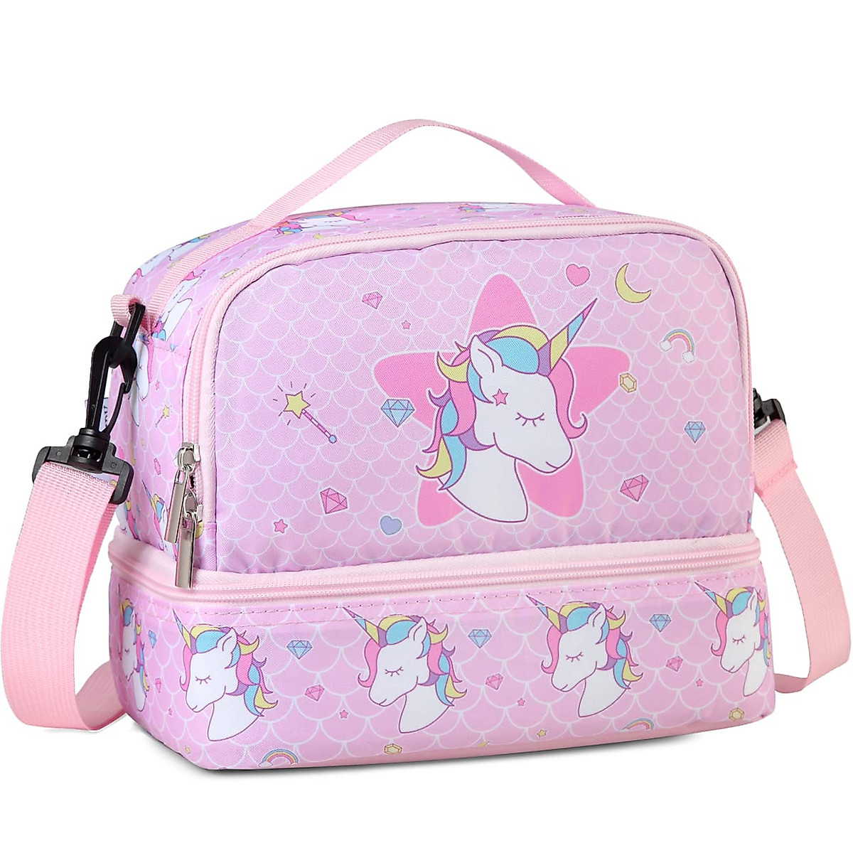 Lunch Bag for Kids, Insulated Lunch Box Cute Thermal Lunch Tote Bag with Dual Compartment and Removable Shoulder Strap, VONXURY (Pink Unicorn 2)